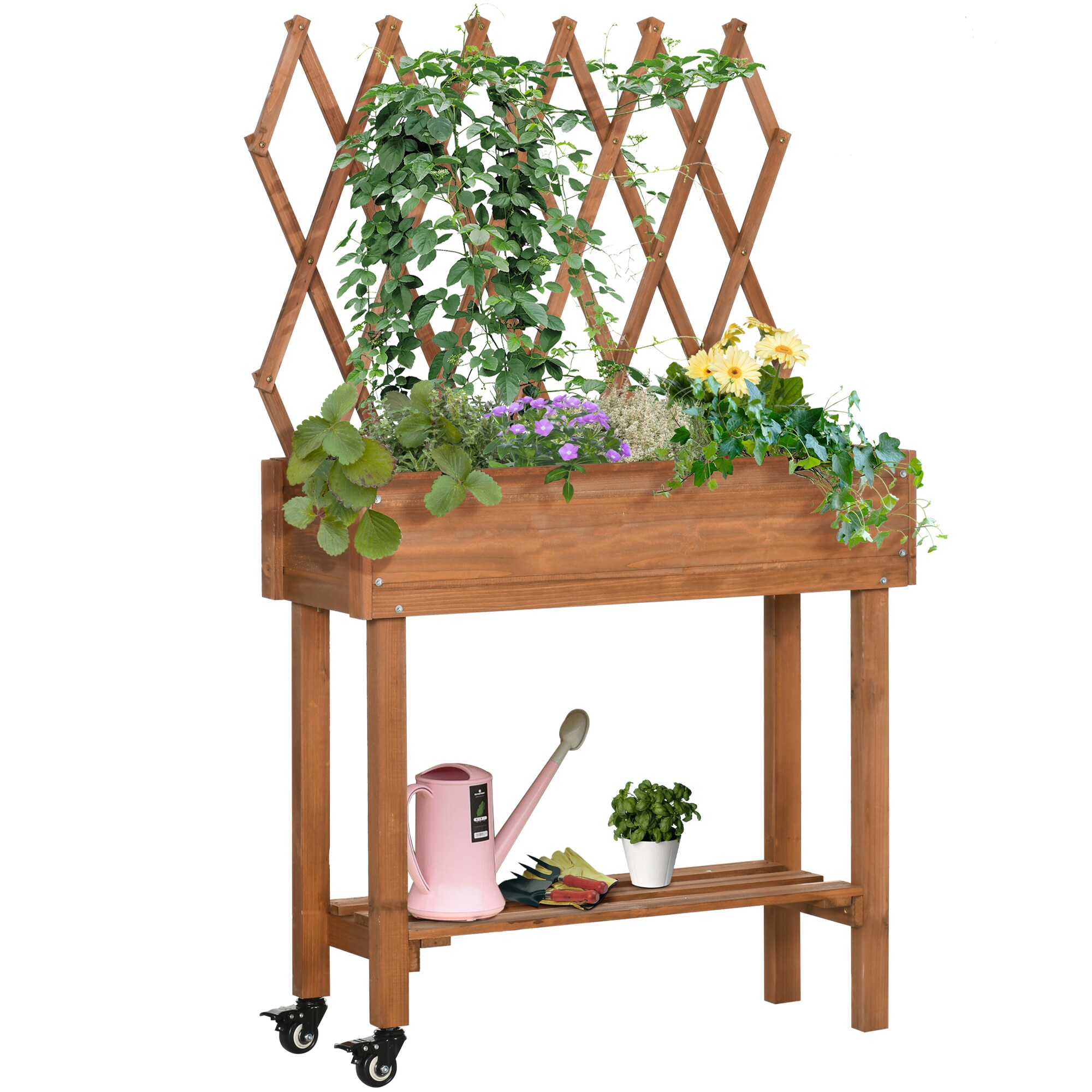 Outsunny Hochbeet mit Rankhilfe un zwei Rollen braun 79L x 29B x 130H ...