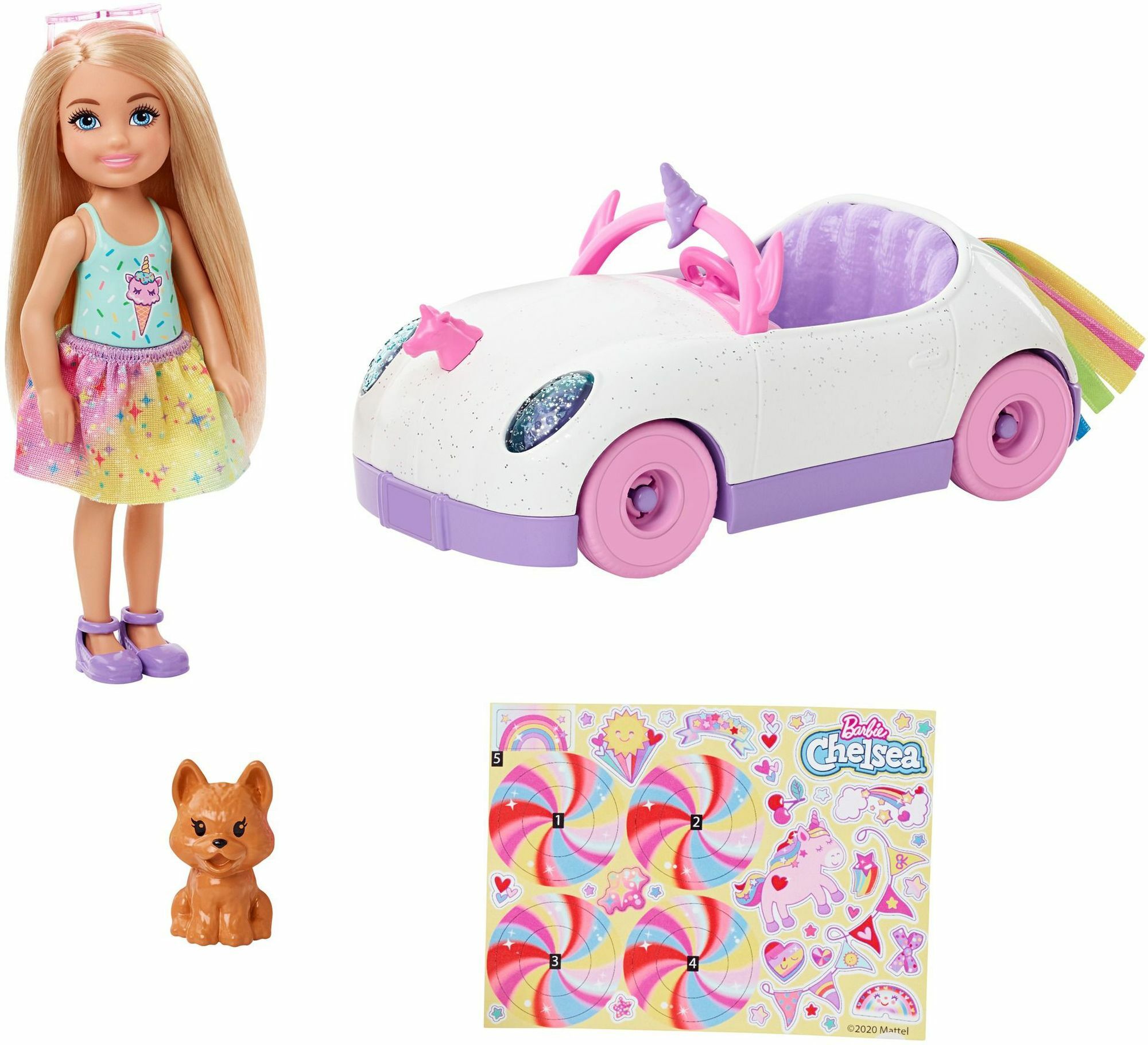 Barbie Mattel GXT41 Chelsea Puppe Spiel-Set inkl. Auto, Regenbogen ...