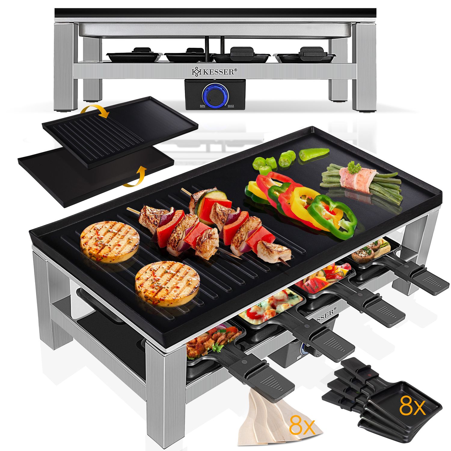 KESSER® 2in1 Raclette Grill Edelstahl Tischgrill für 8 Personen ...
